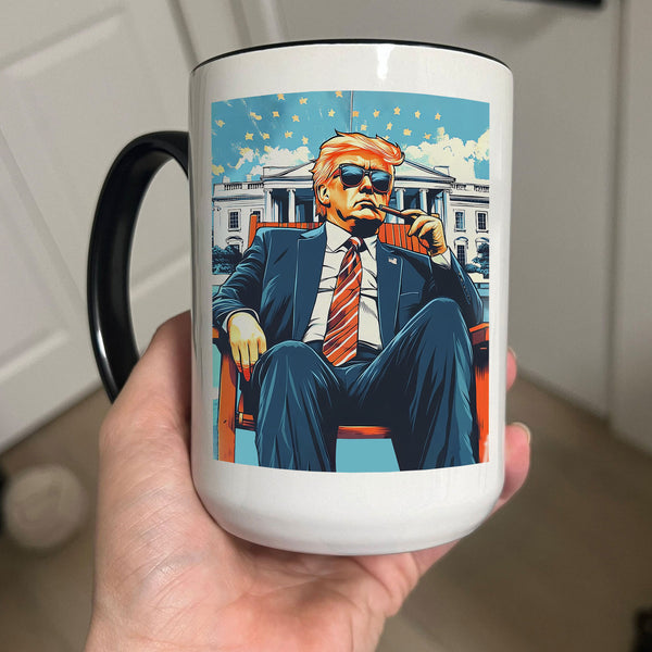 President Trump 47 Mug, Trump Sitting On A Deck Chair, Personalize ...